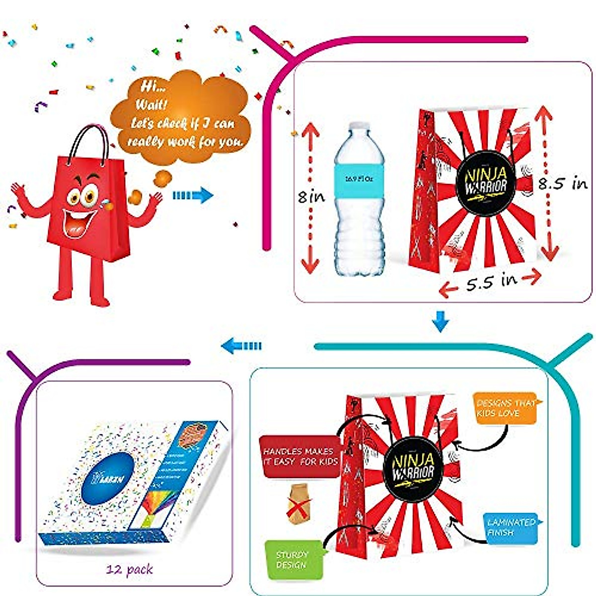 LARZN - Celebrate With an Impression Premium Ninja Party Bags, Party Favor Bags, New, Treat Bags, Gift Bags, Goody Bags, Party Favors, Party Supplies, Decorations, 12 Pack