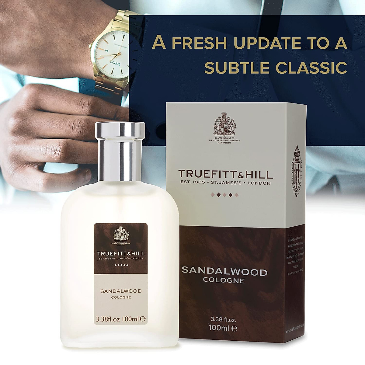 Truefitt & Hill Luxury Cologne - Sandalwood - Premium Long-Lasting Sandalwood and Cedarwood Men's Fragrance Presented in a Beautifully Etched Traditional Atomizer Bottle - 3.38 oz.