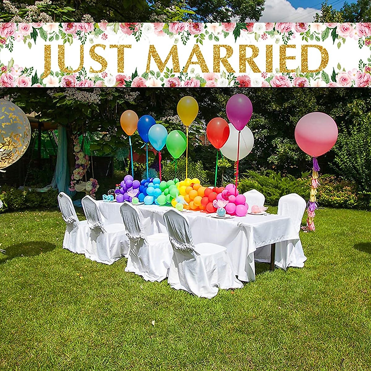 LOONELO Just Married Wedding Backdrop Wedding Banner with 118 X 19.7 inch, Floral Bridal Shower Backdrop Banner Sign for Bridal Shower Wedding Engagement Party Decorations Photography Background