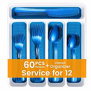 60 PCS Blue Silverware Set with Organizer Tray Service for 12,KITWARE Stainless Steel Flatware Cutlery Set,Mirror Polished Cutlery Utensil Set,Home Kitchen Dinnerware Fork Knife Spoon Set