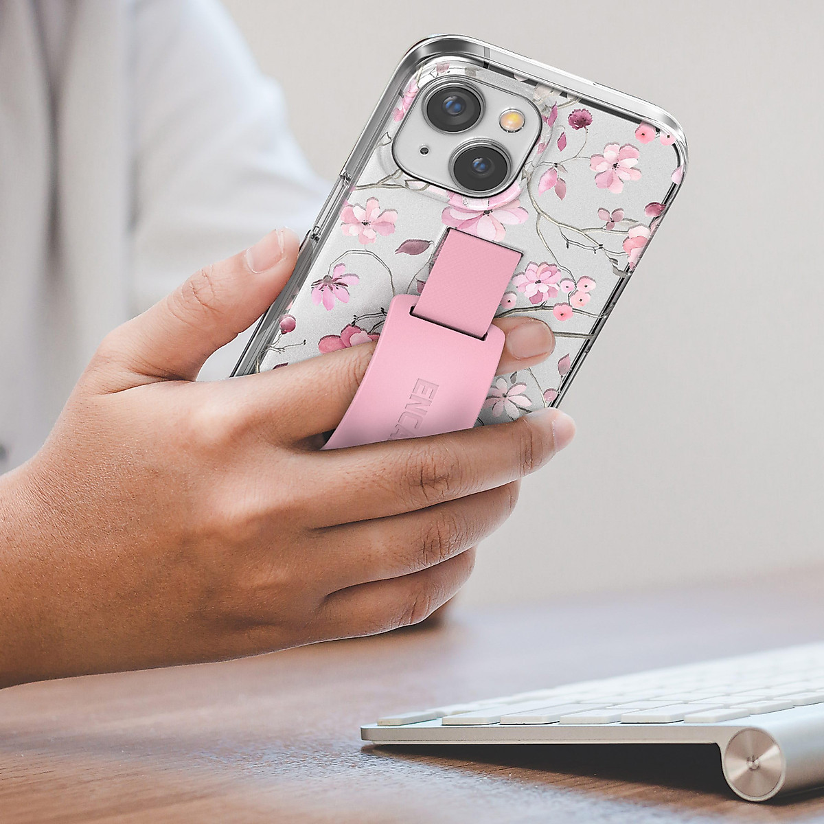 ENCASED Finger Loop Case, Designed for iPhone 15 Plus (2023) Hand Strap Clear Cover with Silicone Grip Phone Holder (Pink Flowers)