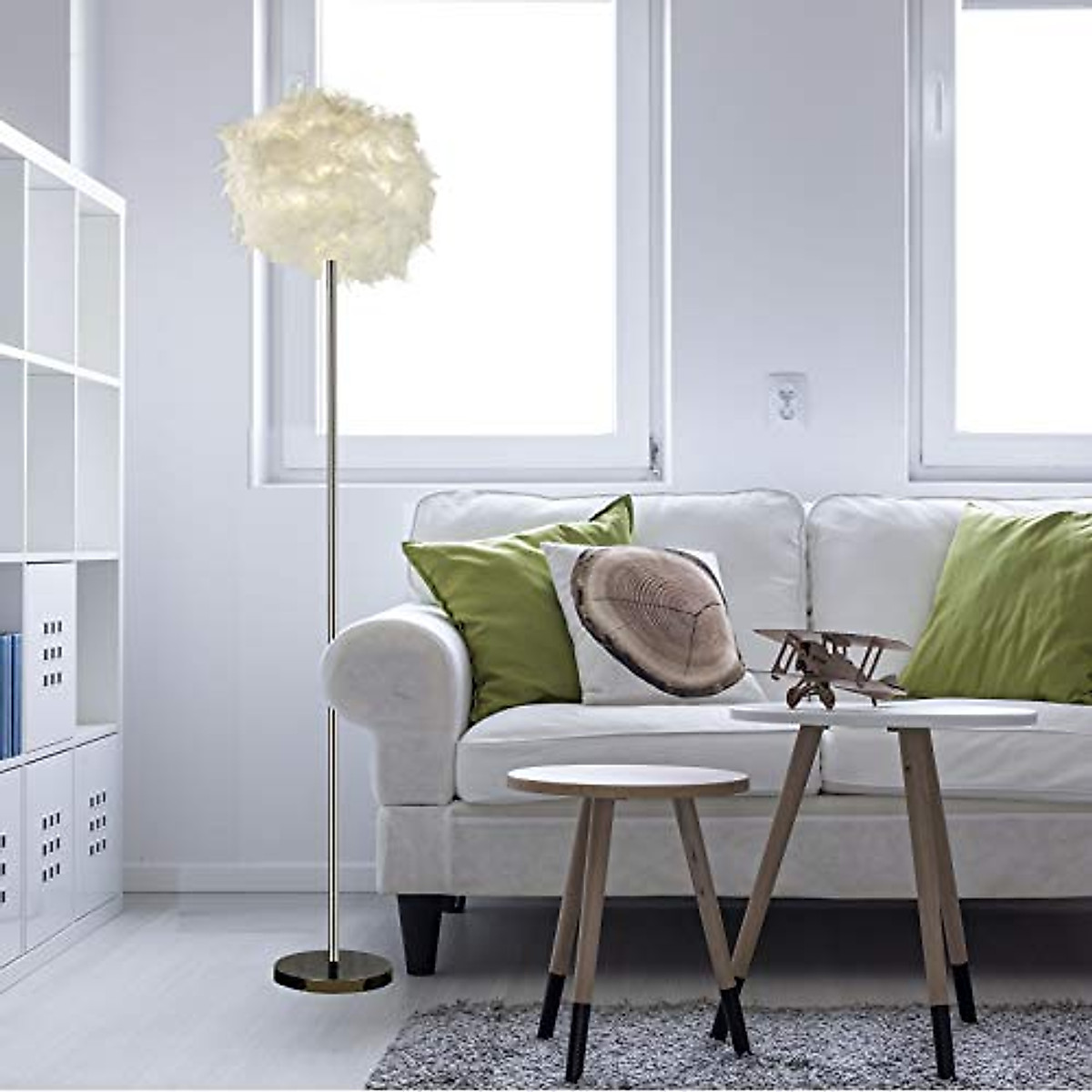 LIGHTACCENTS Feather Floor Lamp with White Shade - Standing Lamp for Living Room - Floor Lamp for Bedroom - Glam Floor Lamp - Chic Feather Shade Polished Chrome Metal Finish