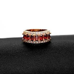 Uloveido Women's Rose Gold Plated Oval Cut Red Cubic Zirconia 7 Stone Wedding Band,Simulated Garnet Birthstone Ring J501 (Red, Size 7)