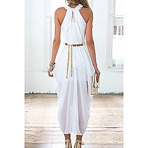 Women's Sheer Chiffon Folds Hi Low Loose Dress Delicate Gold Belt Outer Maxi Inner Mini (Large, White)