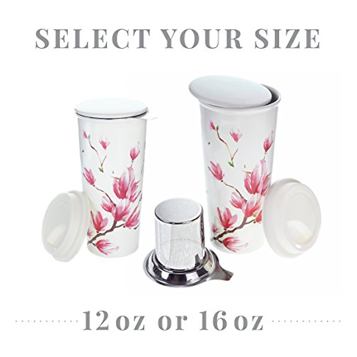 Willow & Everett 16oz Ceramic Travel Mug with Lid. Magnolia Double-Walled Tea Cup with Tea Infuser and Bonus Silicone Top. Tall Coffee and Tea Mug Tea Cups Loose Leaf Tea - Tea Mugs Tea Steeper