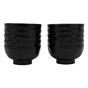 Ebros Gift Japanese Contemporary Black Lacquer Ridged Bowls For Rice Miso Appetizer Soup 4.5" Diameter Made In Japan Decorative Bowl Set of 10 Lacquered Serveware For Restaurants Home Kitchen Gifts