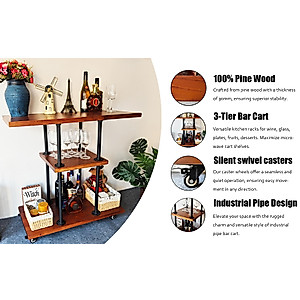 Industrial Bar Cart, Kitchen Bar Cart, Wine Rack Coffee Bar Cart, Serving Cart on Wheels, Storage Rolling Cart,Tea Drink Liquor Shelves,Solid Wood Metal Furniture (AJ01, 36" W x 16" D x 34" H)