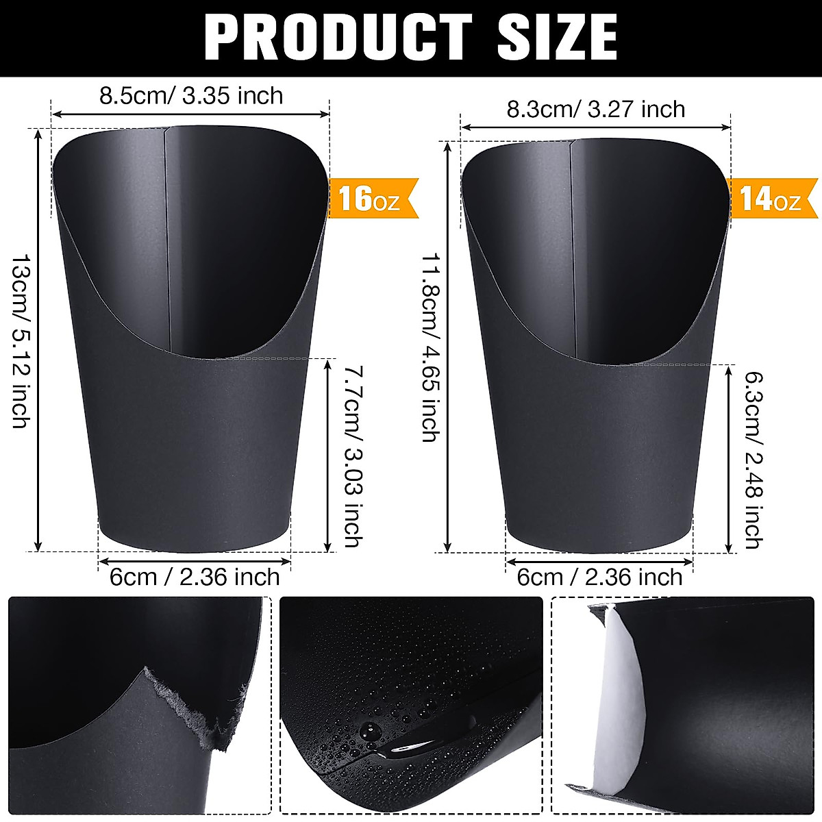 Sieral 100 Pcs French Fry Holder Disposable Halloween Party French Fries Cups 14oz/ 16oz Food Charcuterie Cones Black French Fry Container Paper Waffle Snack Popcorn Box for Wedding Birthday(14 oz)