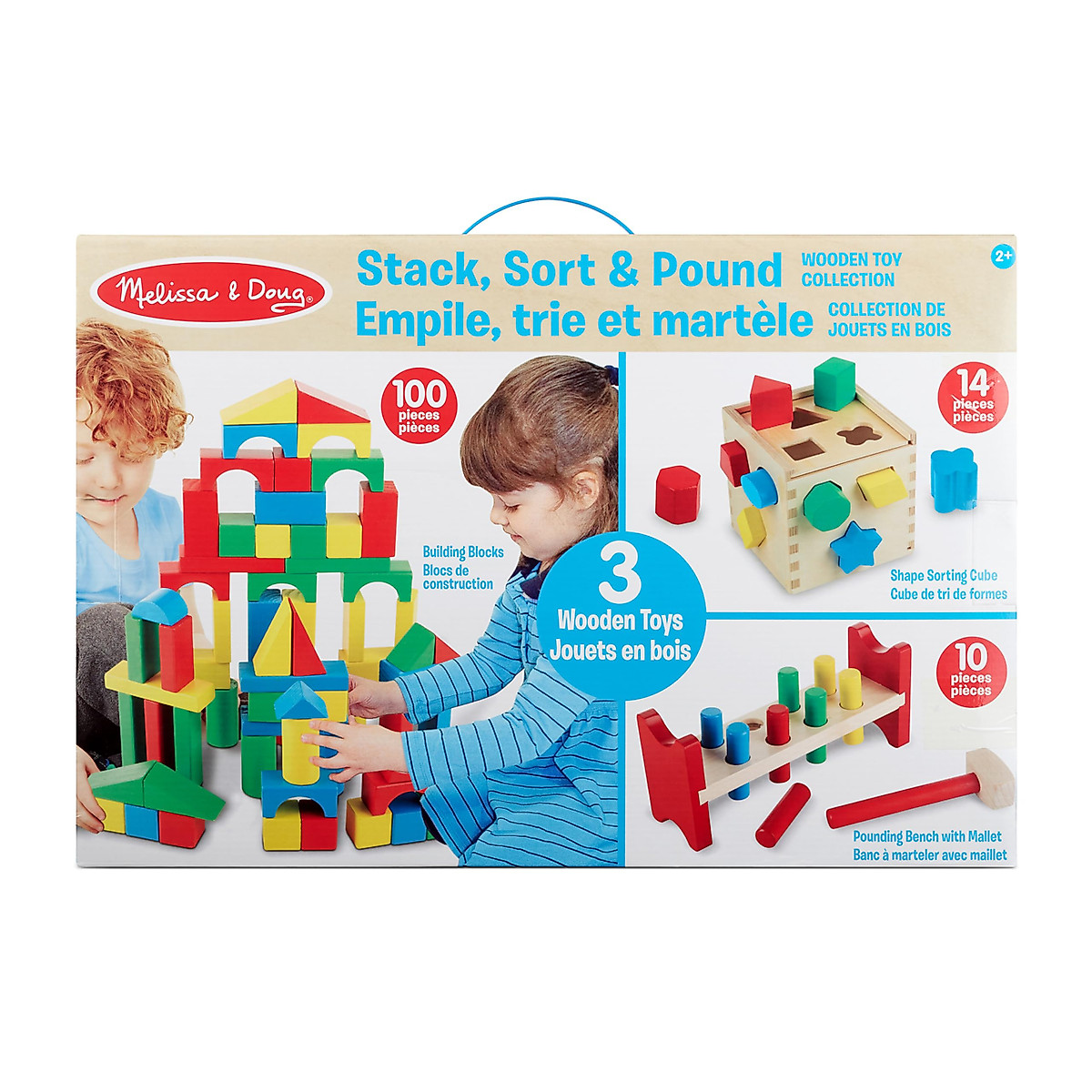 Melissa & Doug Stack, Sort & Pound Wooden Toy Collection (Building Blocks, Shape Sorter, Pounding Bench)