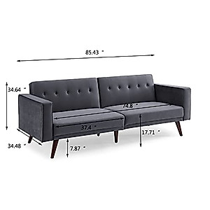 Hbaid 85.43" Velvet Sofa Bed, Grey Couch Convertible Sleeper Sofa with Tapered Wood Legs and Armrest, Modern Loveseat Couches for Living Room, Bedroom
