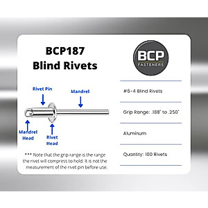 100 Qty Aluminum Blind Rivets (#6-4) 3/16" Diameter x 1/4" Grip (BCP187)