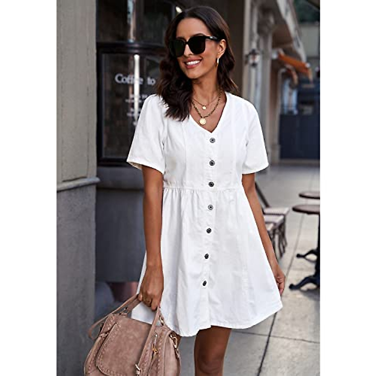 luvamia Women's Denim Shirt Dress Button Down Skirt V Neck Short Sleeve Jean Dresses Cute Dresses Skater Dress Knee Length Dress for Women A Line Dresses for Women Brilliant White Size Medium