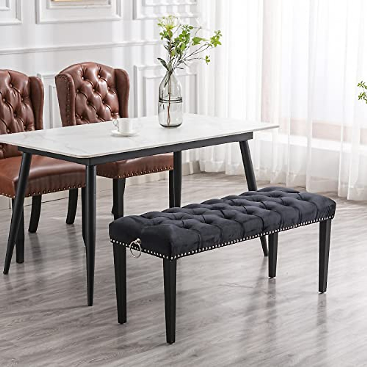 DUOMAY Tufted Ottoman Bench w/Ring Pull, Velvet Dining Bench Entryway Bench Footrest Stool Padded Seat for Living Room Bedroom, Black