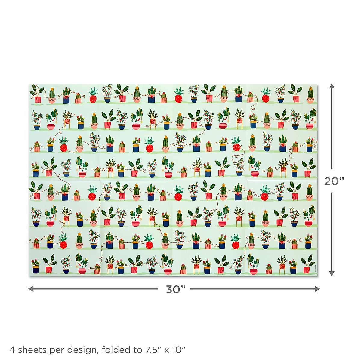 Hallmark Cute Christmas Flat Wrapping Paper Sheets with Cutlines on Reverse (12 Folded Sheets with Sticker Gift Tags) Pink, Mint Green, Plants, Cactus, Presents, Ornaments