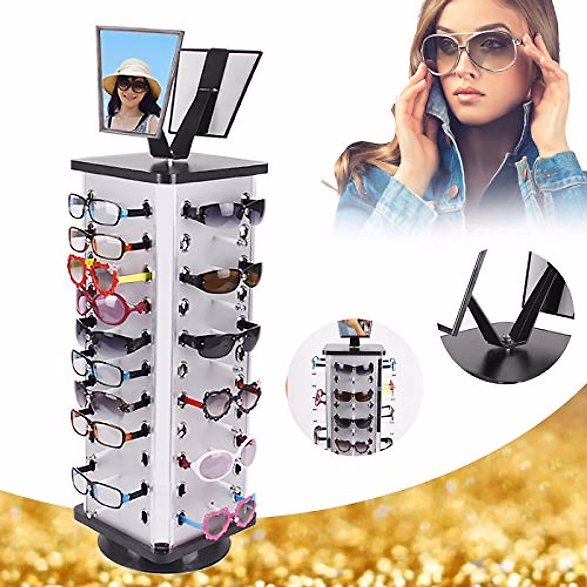 ONEPOINTPOINT Glasses Display Stand 360° Rotating 44 Pairs of Sunglasses Eyewear Holder Display Rack with Mirror (Square)