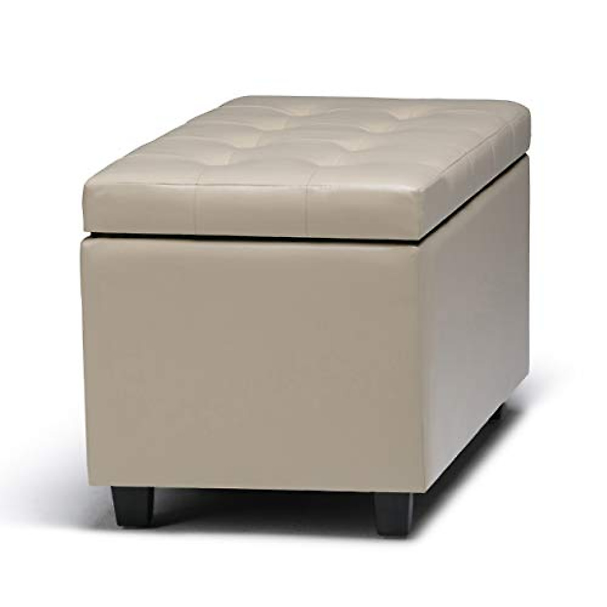 SIMPLIHOME Cosmopolitan 34 Inch Wide Transitional Rectangle Storage Ottoman in Satin Cream Vegan Faux Leather, For the Living Room, Entryway and Family Room