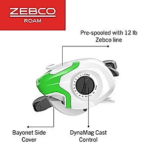 Zebco Roam Baitcast Reel and Fishing Rod Combo, 6-Foot 6-Inch 2-Piece Fiberglass Fishing Pole with Split-Grip MaxTac Rod Handle, Lightweight Graphite Frame, Right-Hand Retrieve, Green