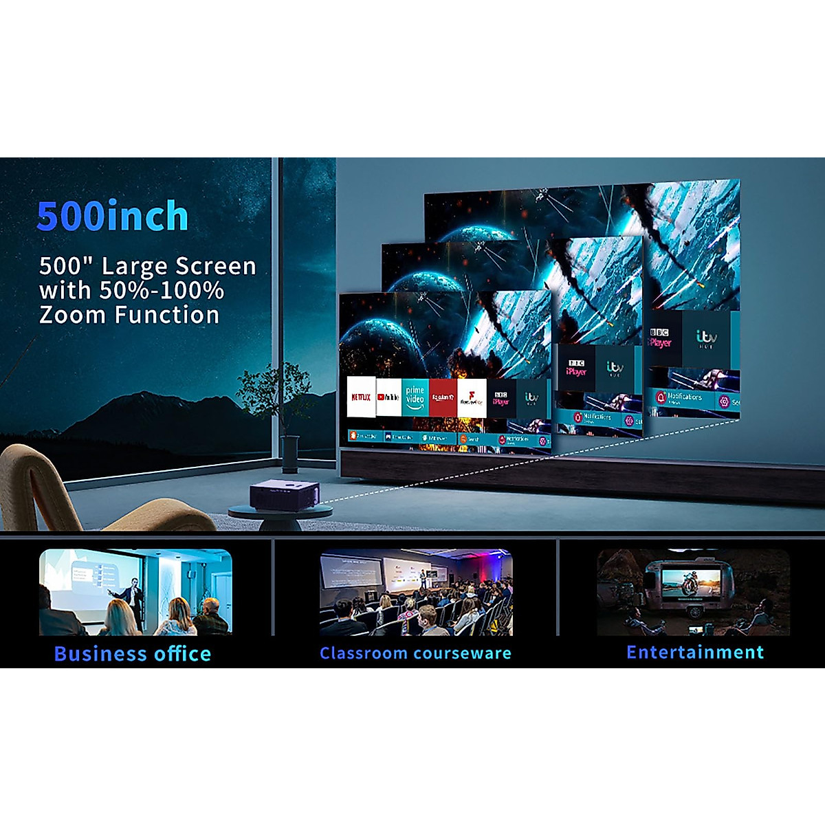 Outdoor Projector 4k with WiFi and Bluetooth,XNoogo 1000 ANSI Video Projector,450" Display 4k Movie Projector Support 50% Zoom,Dolby Audio,Bluetooth Projectors Compatible w/TV Stick/Phone/PC/Laptop