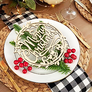 12 Pcs Christmas Wooden Plate Decor Merry Christmas Wood Cutouts Winter New Year Party Place Card Table Settings Signs for Farmhouse Dining Table Holiday Christmas Tree Decoration Ornament Flowers