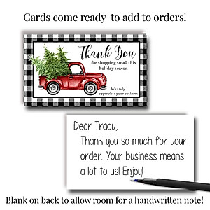 Black Buffalo Plaid Red Watercolor Pickup Truck Christmas Holiday Customer Appreciation Package Inserts for Small Businesses, 100 2" X 3.5” Single Sided Insert Cards