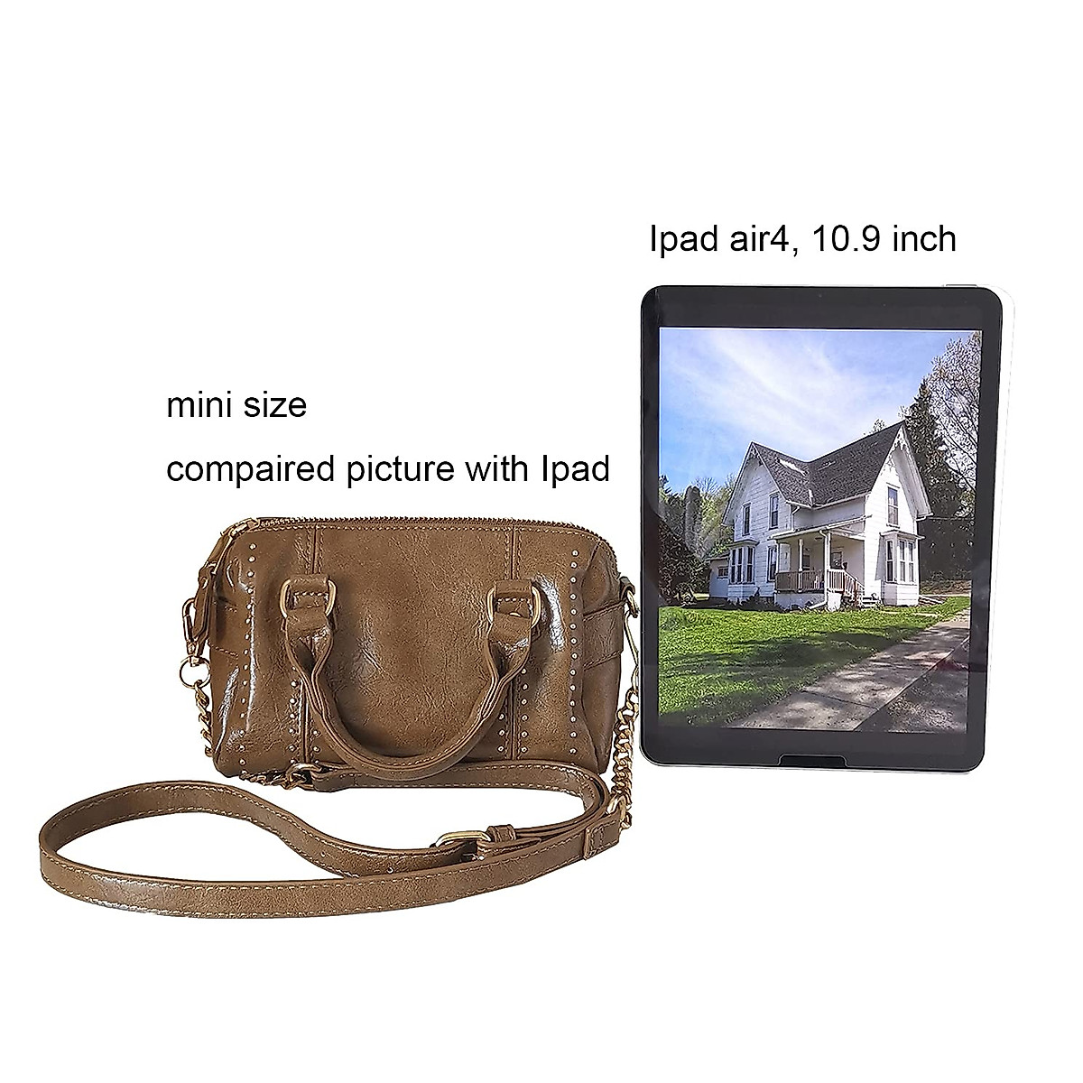 LUCSIS Women's rivets studded crossbody bag purse handbag small light weight cute mini bag PU leather Brown(Camel)