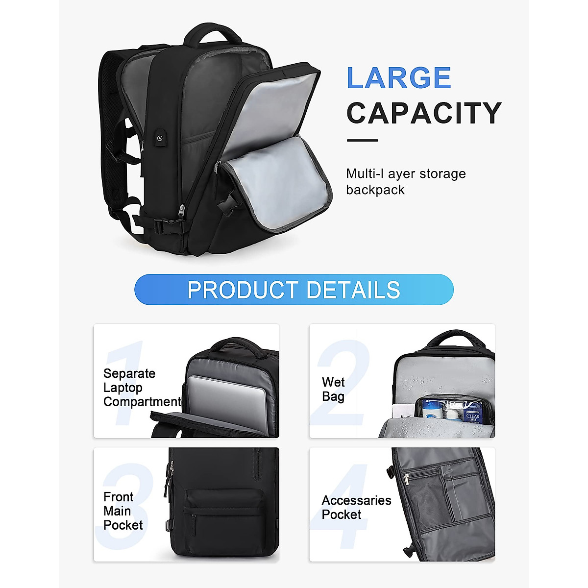 VECAVE Travel Backpack for Women,Airline Approved Carry On Backpack Flight Approved,Waterproof 14 Inch Laptop Backpack with Shoe Compartment Casual Daypack Backpacks Black