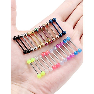 Prjndjw 14G Surgical Steel Tongue Rings Glow in the Dark Tongue Nipple Rings Steel Ball Body Piercing Jewelry for Women Men 24Pcs 16MM