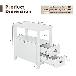 Giantex End Table Wooden W/ 2 Drawers and Shelf Space-Saving Rectangular Bedside Table with Metal Handle, Retro Side Table for Living Room Bedroom Home Furniture Side Table (1, White)