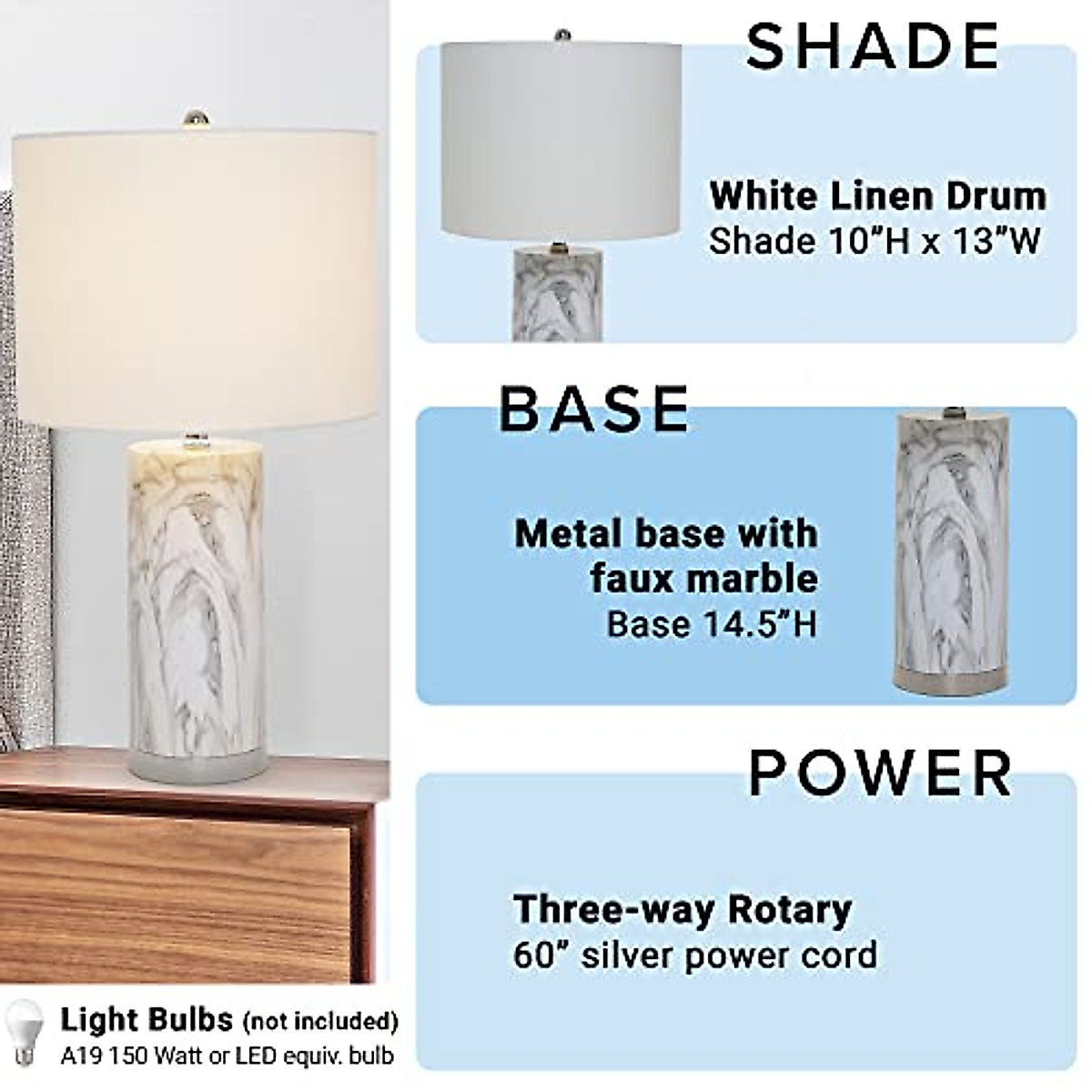 Catalina 20640-000 Modern Pillar Marble Table Lamp with Polished Nickel Accents, 24.5", Classic White/Grey