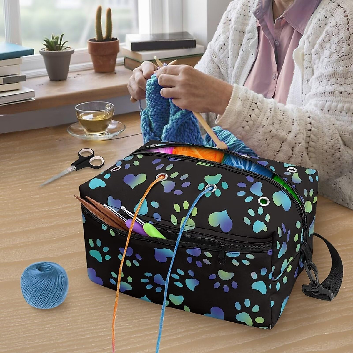 Kathyboom Dog Paw Knitting Bag for Yarn Storage Lightweight Crochet Storage Bag, Water Resistant Yarn Bag for Knitting Needles, Crochet Hooks and Other Accessories