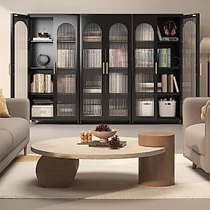 RpAosd 59" Metal Storage Cabinet with Glass Doors,Glass Display Cabinet for Living Room,Dining Room and Kitchen,Decorative Sideboard Buffet Cabinet with Glass Doors and Shelves (Black)