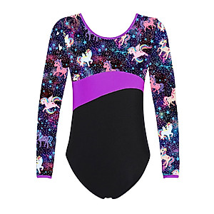 HULIJA Girls' Gymnastics Ballet Bodysuit 1Piece Long Sleeves Stars Print Leotard X Cross Back Skirted Dress Pegasus Star 6 Years