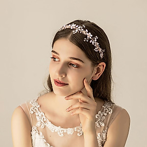 Ammei Headpiece Rose Gold Wedding Headband Flower Leaves Design Hair Vine With Pearls And Rhinestones