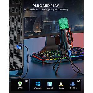 JAMELO Gaming Microphone, USB Computer Condenser Mic for PC/Laptop/Phone/PS4/5, RGB, Headphone Output, Volume Control,Plug and Play, Mute Button, for Streaming, Podcast, Studio Recording