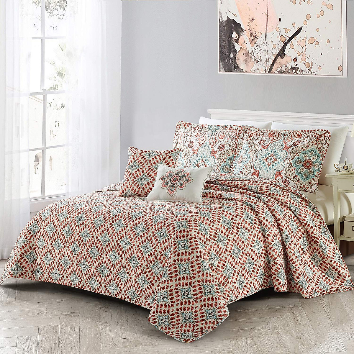 Home Soft Things Bennington Damask Printed Microfiber Quilt King 102" x 90" 5 Piece Bedding Set with Matching Shams Pillows, Coral Blue White Floral Design Reversible Bedspread Coverlet Comforter