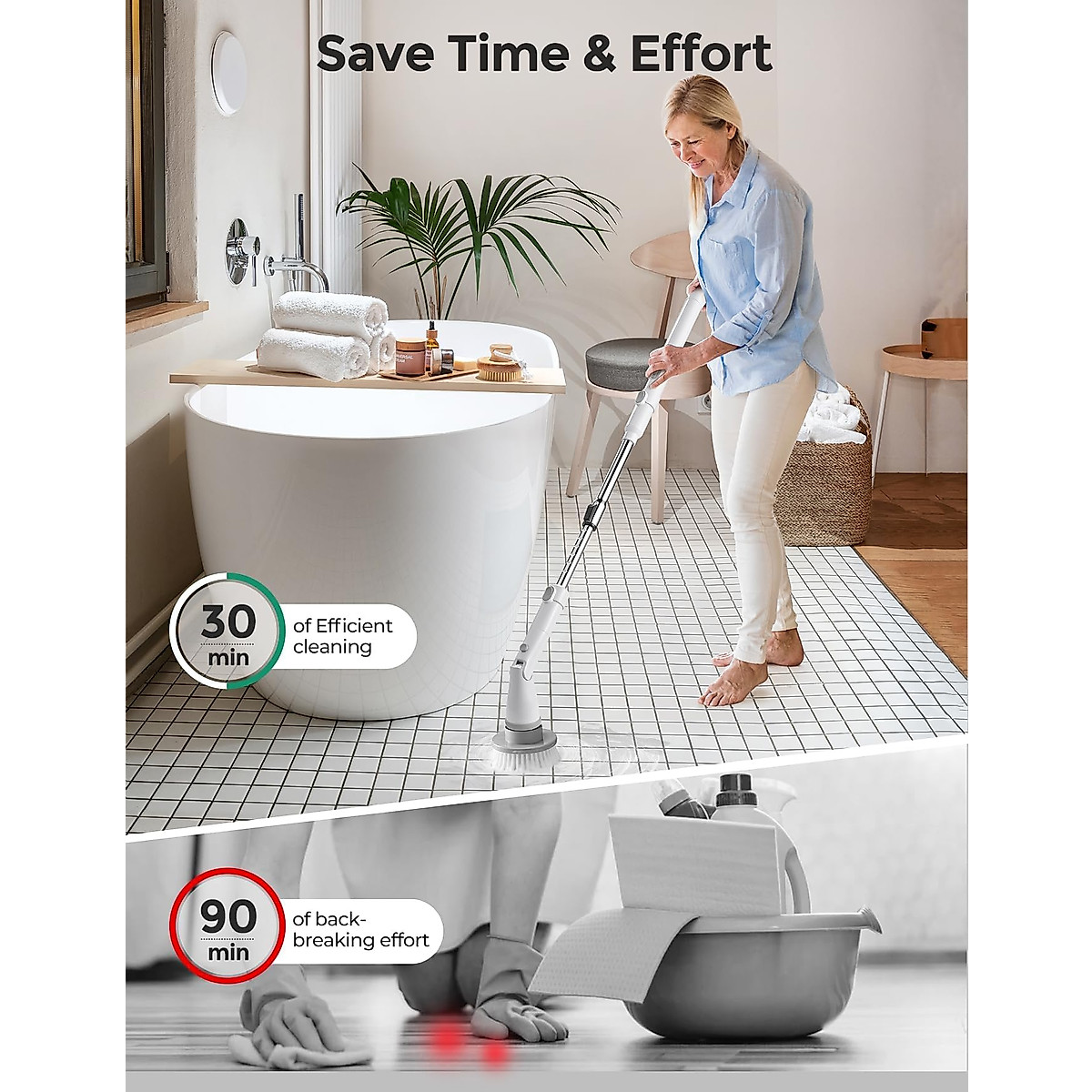 kHelfer Electric Spin Scrubber Kh8, 2024 Upgrade Cordless Shower Scrubber 8 Replacement Head, 1.5H Bathroom Scrubber Dual Speed, Shower Cleaning Brush with Extension Arm for Bathtub Tile Floor