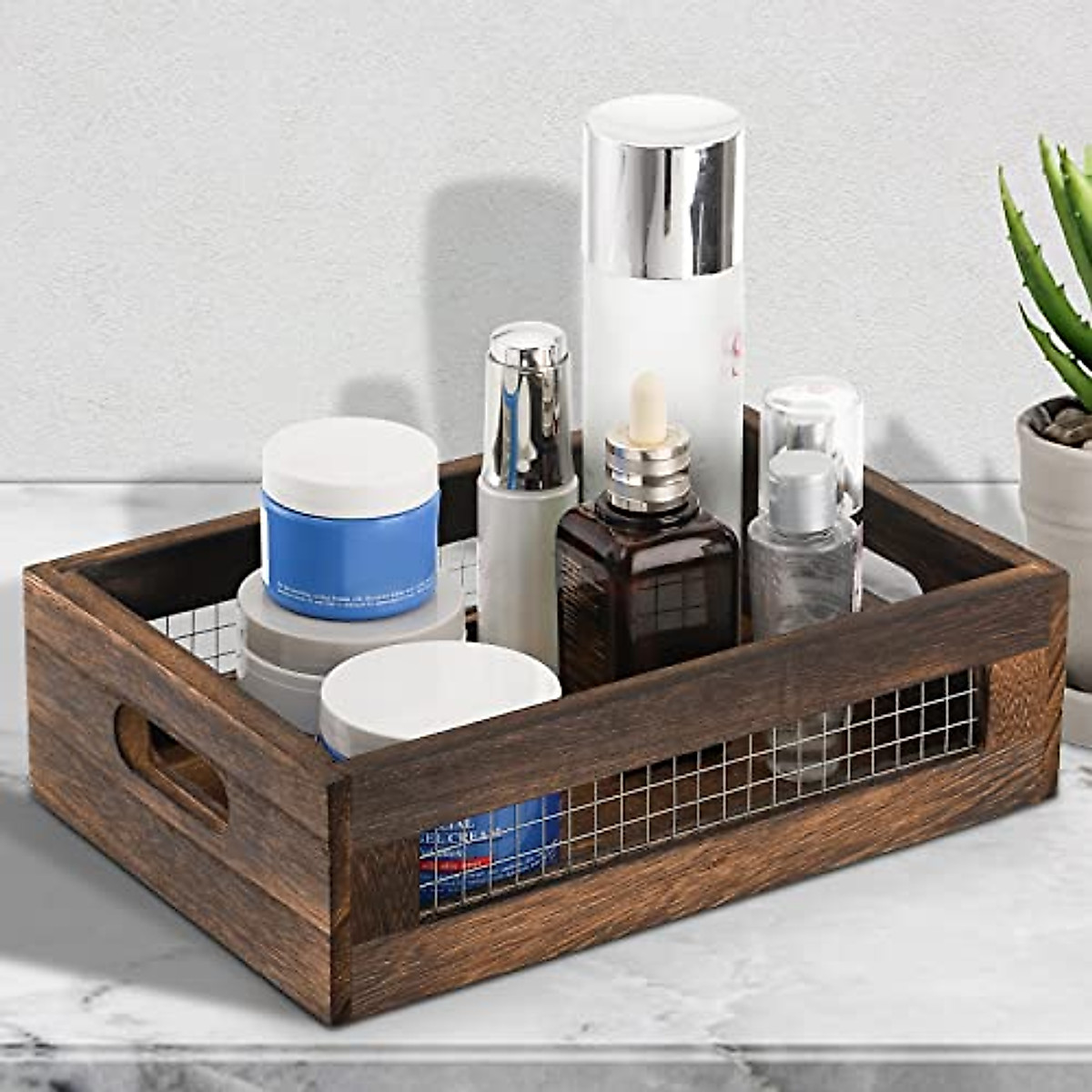 Dicunoy Set of 2 Rustic Nesting Boxes, Wooden Organizer Crates Basket, Small Decorative Wood Wire Containers with Handle for Countertop, Fruit, Veggies, Kitchen, Bathroom, Pantry Storage, Gift Basket