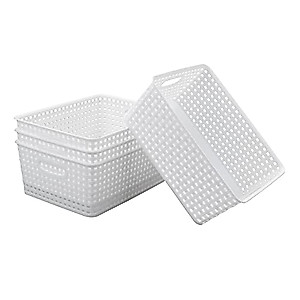Nesmilers Small Plastic Storage Baskets, White Plastic Woven Baskets, 4-pack