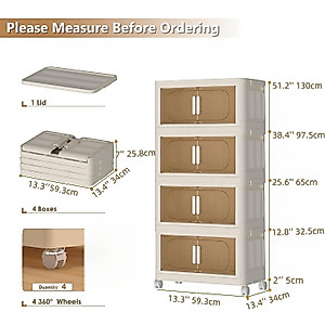 wookon 4Tiers Storage Bins-277Quart Storage Bins with Wheels,Plastic Storage Bins,Beige Closet Organizers and Storage,Magnetic Dual Open Collapsible Storage Bins