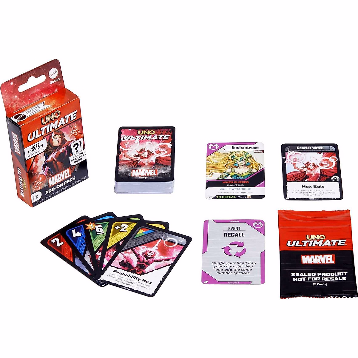 Mattel Games ​UNO Ultimate Marvel Card Game Add-On Pack with Scarlet Witch Character Deck & 2 Collectible Foil Cards, Gift for Collectors & Kids Ages 7 Years & Older