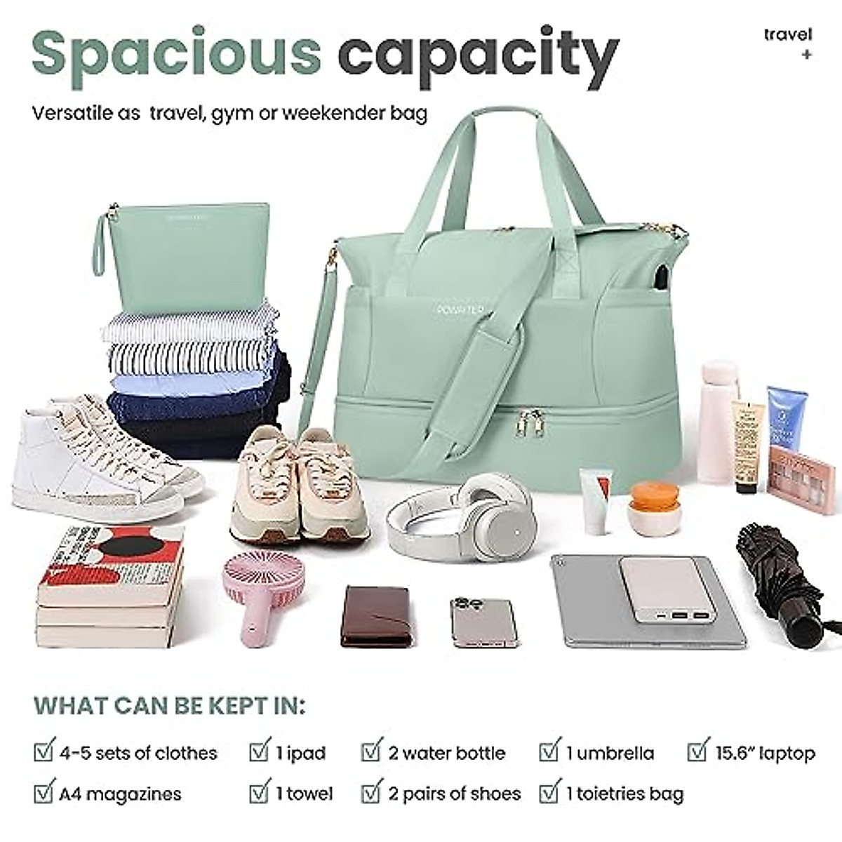 Weekender Bag with Shoe Compartment, Gym Bag for Women with Wet Pocket, Large Travel Bag with USB Charging Port for Travel and Gym-Green