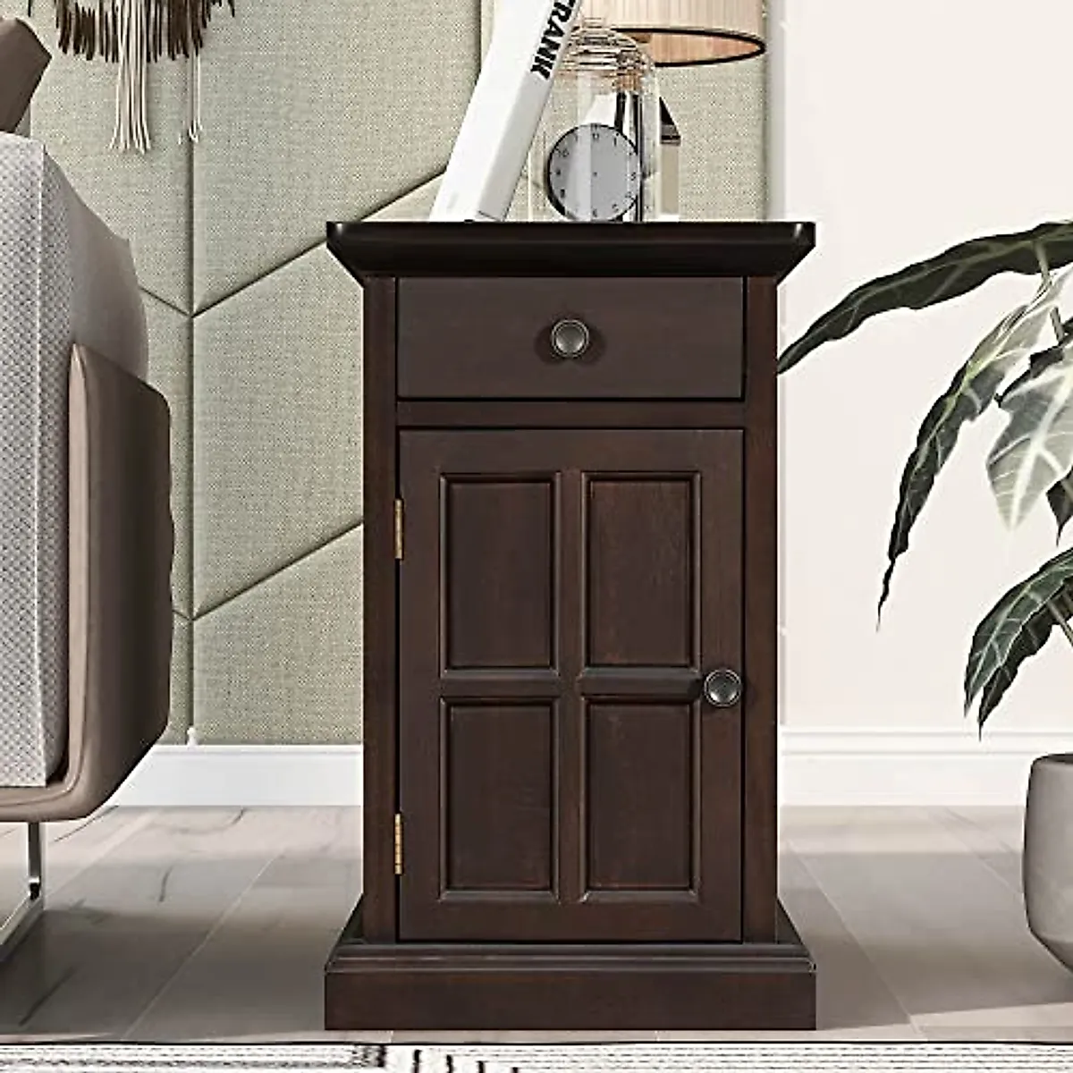 Traditional Wood End Table with Charging Station, Modern Vintage Sofa Chair Side Table Nightstand with Storage & Drawer for Living Room Bedroom, No Assembly, Antique Espresso