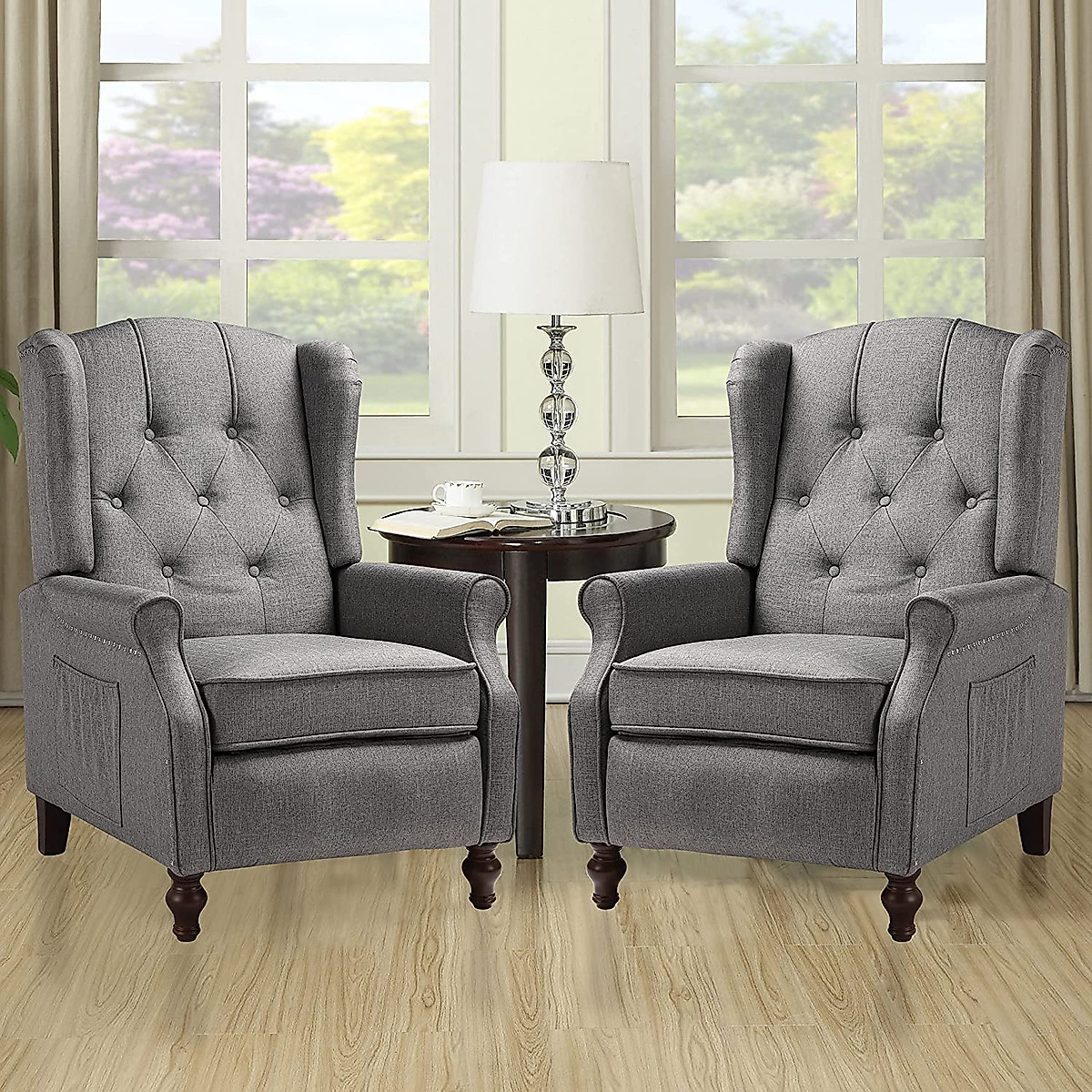 OQQOEE Wingback Recliner Chair Fabric Push Back Accent Chairs Diamond Tufted Reclining Armchair with Adjustable Backrest and Thicken Padded Cushions for Living Room, Bedroom (Fabric, Dark Grey)