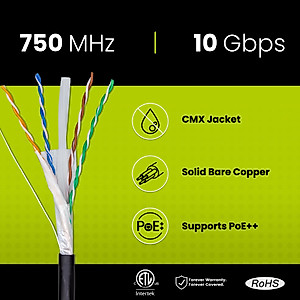 trueCABLE Cat6A Direct Burial, 1000ft, Waterproof, Outdoor Rated CMX, Black, 23AWG Solid Bare Copper, 750MHz, PoE++ (4PPoE), ETL Listed, Unshielded UTP, Bulk Ethernet Cable