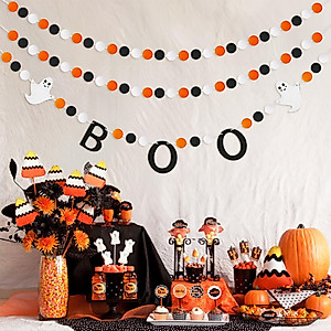 GCQQ Halloween Felt Garland, Boo Felt Garland, Prestrung Ghost Garland with Pompom Balls, Black White Orange Felt Garland, Halloween Garlands for Mantle, Fireplace, Indoor or Outdoor Decoration