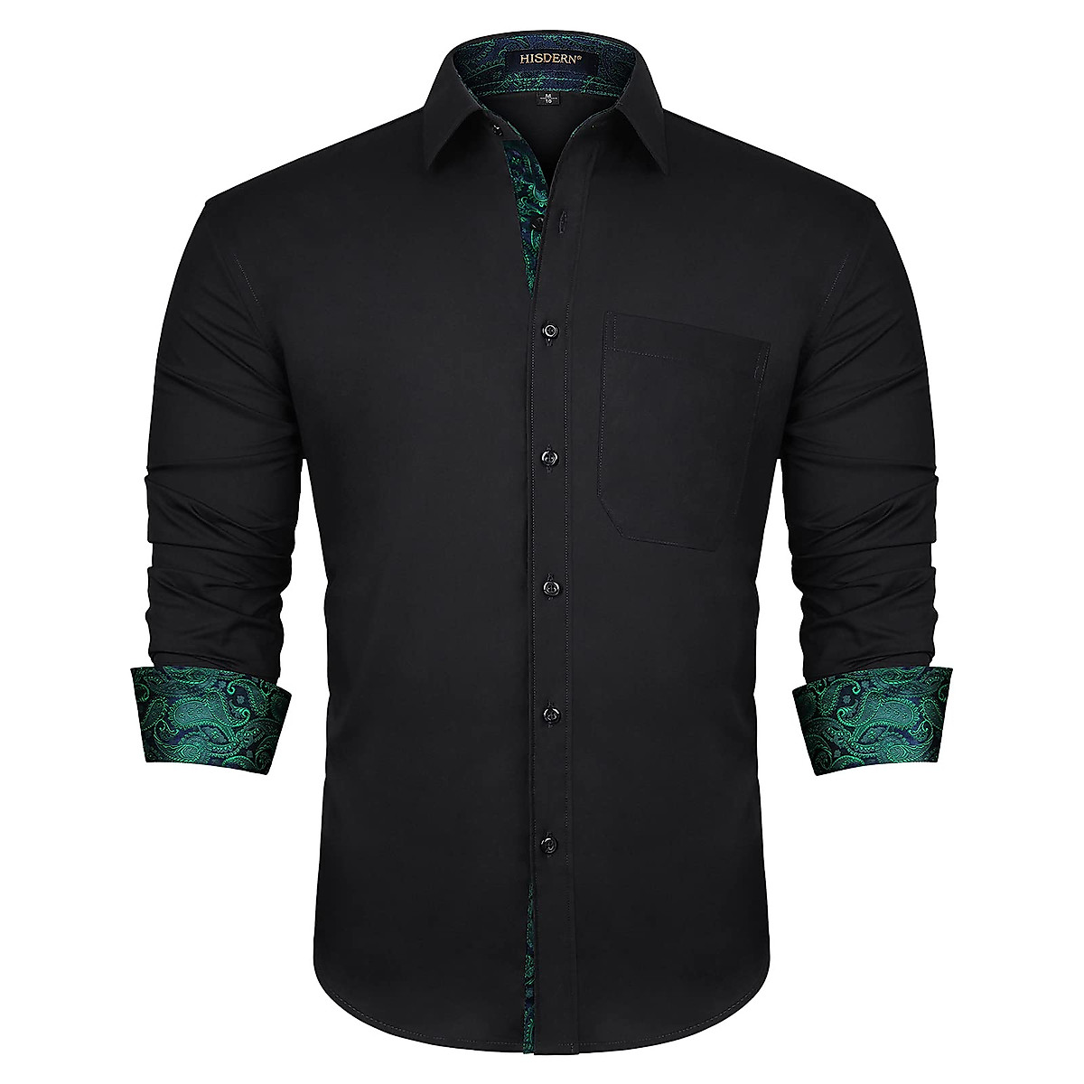 HISDERN Black Green Dress Shirts for Men Long Sleeve Button Down Shirt Black Inner Paisley Contrast Mens Casual Formal Tuxedo Shirt