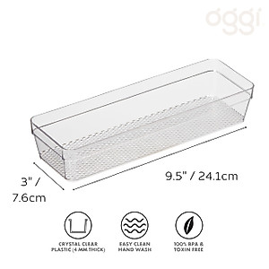 Oggi Clear Drawer Organizer - 3" X 9" - Ideal for Organizing Kitchen Drawers, Office, Desk, Silverware, Kitchen Utensils, Cosmetics and Bathrooms