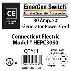 Connecticut Electric 50 Foot Generator Power Extension Cord, 30 Amp, 4 Prong, NEMA L14-30P (Male), NEMA L14-30R (Female)