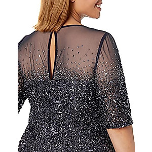 Adrianna Papell Women's Plus-Size 3/4 Sleeve Beaded Illusion Gown with Sweetheart Neckline, Navy, 14