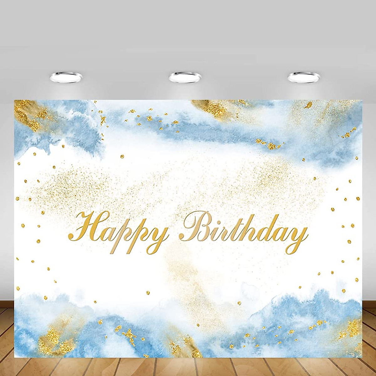 MEHOFOND 7x5ft Happy Birthday Backdrop Boys 1st Birthday Party Decorations Light Blue Watercolor Clouds Photography Background Gold Glitter Pastel Rainbow Bday Banner Cake Smash Table Supplies